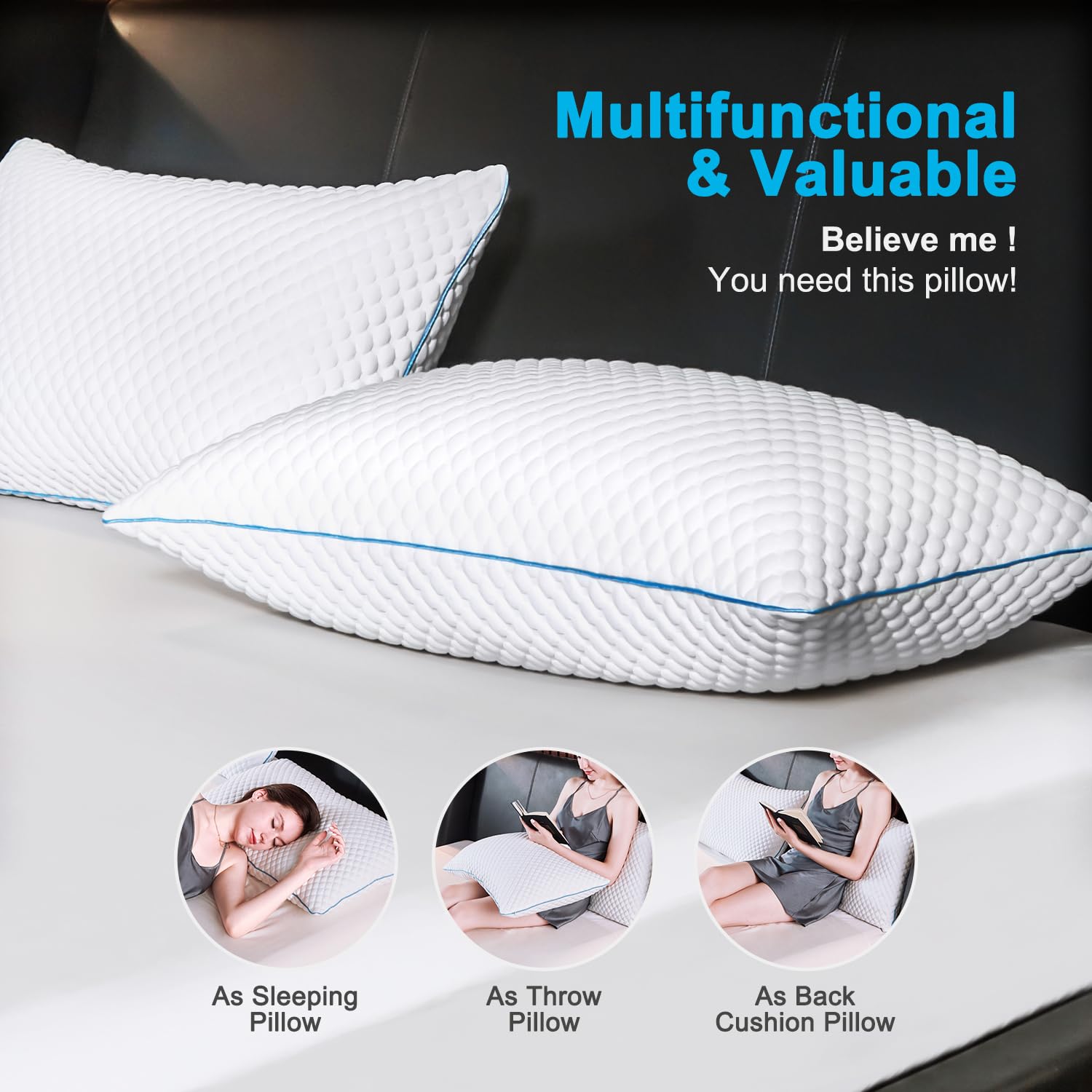 Cooling Bed Pillows Queen Size Set of 2, Shredded Memory Foam Pillows Cool Cold Pillow for Side Back Stomach Sleepers, Gel Pillow Adjustable Firm Pillows Soft Pillows for Sleeping 20x30 Pillow White