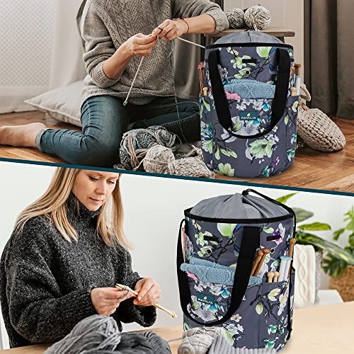 PAVILIA Knitting Bag Crochet Organizer Bag, Yarn Storage Tote, Knitting Accessories Supplies, Yarn Holder for Knitting with Grommets, Needles Hooks Essentials, Crochet Project Case (Floral Gray)