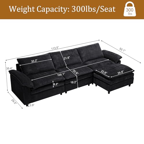 GNIXUU Modular Cloud Couch Sectional Sofa with Ottoman, 113.5" Oversized Comfy 4-Seat Black L Shaped Couch Set for Living Room, Chenille Sectional Sleeper Sofa with Soft Armrest & Cushion,