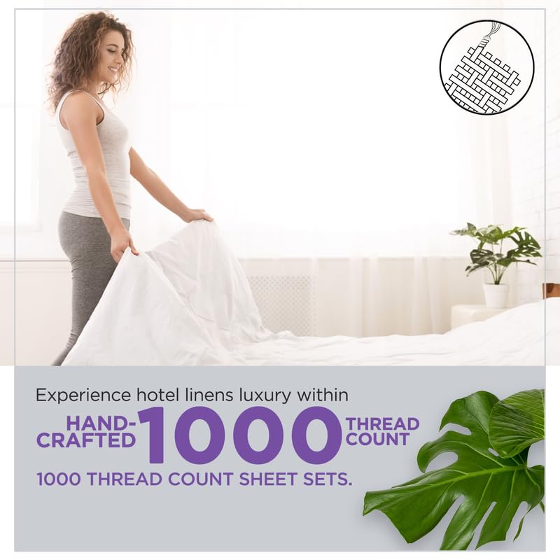 CharlottelyHues 100% Egyptian Cotton Queen Size Sheet Set - 1000 Thread Count 4 Piece Bed Sheets Long Staple Cotton Sheets, Sateen Weave, luxury Hotel Sheets, Fits Upto 18" Deep Pocket - Bright White