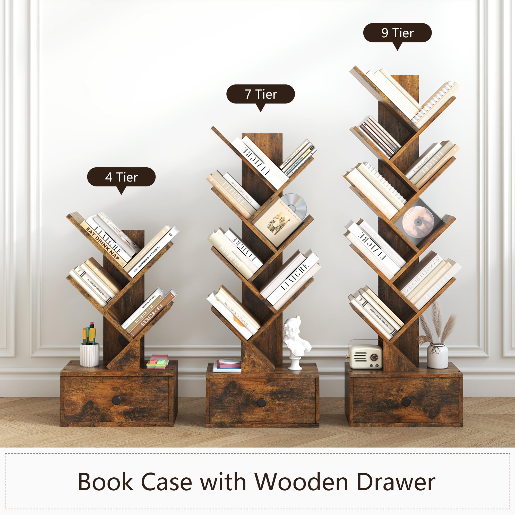 Gewudraw 4 Tier Tree Bookshelf with Drawer, Small Tree Bookcase, Table Top Book Shelf Organizer Shelves for Living Room, Bedroom, Home Office, Rustic Brown