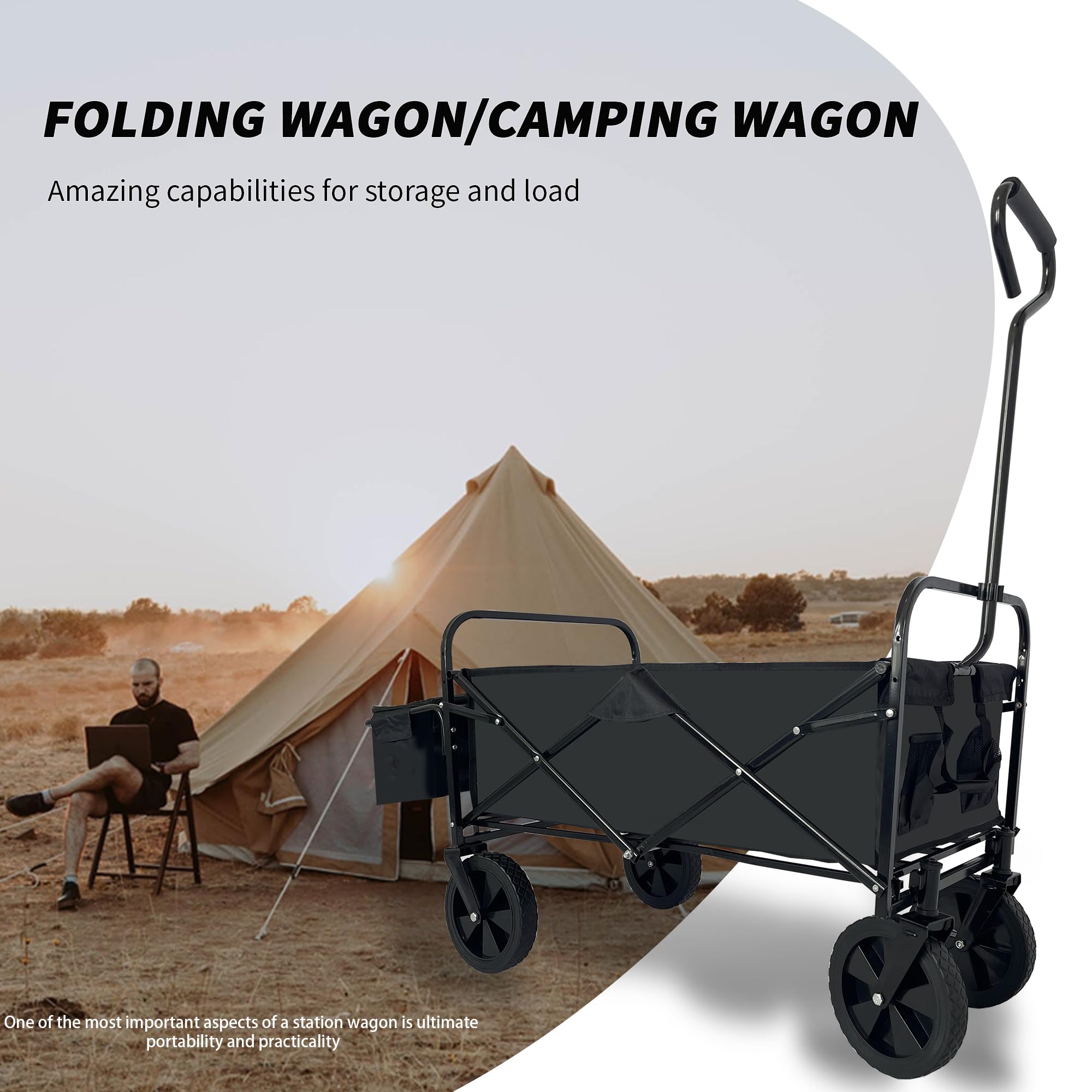 Collapsible Foldable Beach Wagon Carts with 360° Rotating Wheels for All Terrain, Utility Small Heavy Duty Wagon with 270LBS Capacity for Grocery, Sand, Garden, Outdoor, Camping (Antique Black)