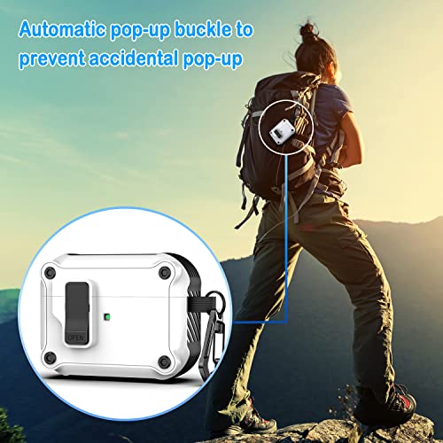 R-fun Airpods Pro 2nd Generation/1st Generation Case Cover with Automatic Snap Switch, Secure Lock Clip Super Protective for Airpods Pro Case (2019/2022) with Keychain for Men Women,White