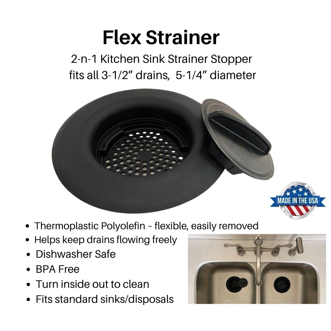 Flex Strainer Kitchen Sink Strainer Basket Replacement and Drain Stopper Plug, 2N1, fits 3-1/2β drains, 5-1/4β Diameter, USA Made Black 2Pk