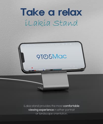 iLakia Cell Phone Stand for MagSafe Charger, Aluminum Charging Holder Dock Cradle for Desk, Mag-Safe Accessories Compatible with iPhone 14 13 12 Model Series, Silver Color (MagSafe Not Included)