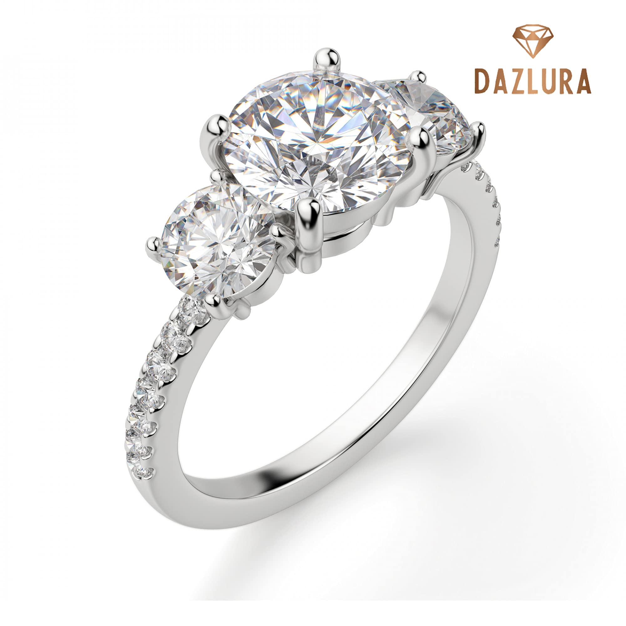 Dazlura 3 Stone Engagement Ring With Accents In 925 Sterling Silver Moissanite Round Cut White VVS Clariry Diamond Solitaire Ring Set With Wedding Eternity Band - 12.5 Bridal Ring Set