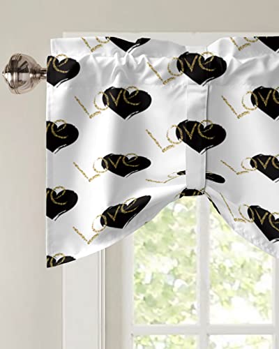 Tie-Up Valance Curtains for Window - Happy Valentine's Day Gold Love Black and White Heart Kitchen Valance - Light Filtering Valance Curtains Short Curtains with Adjustable Tie 42"x12"