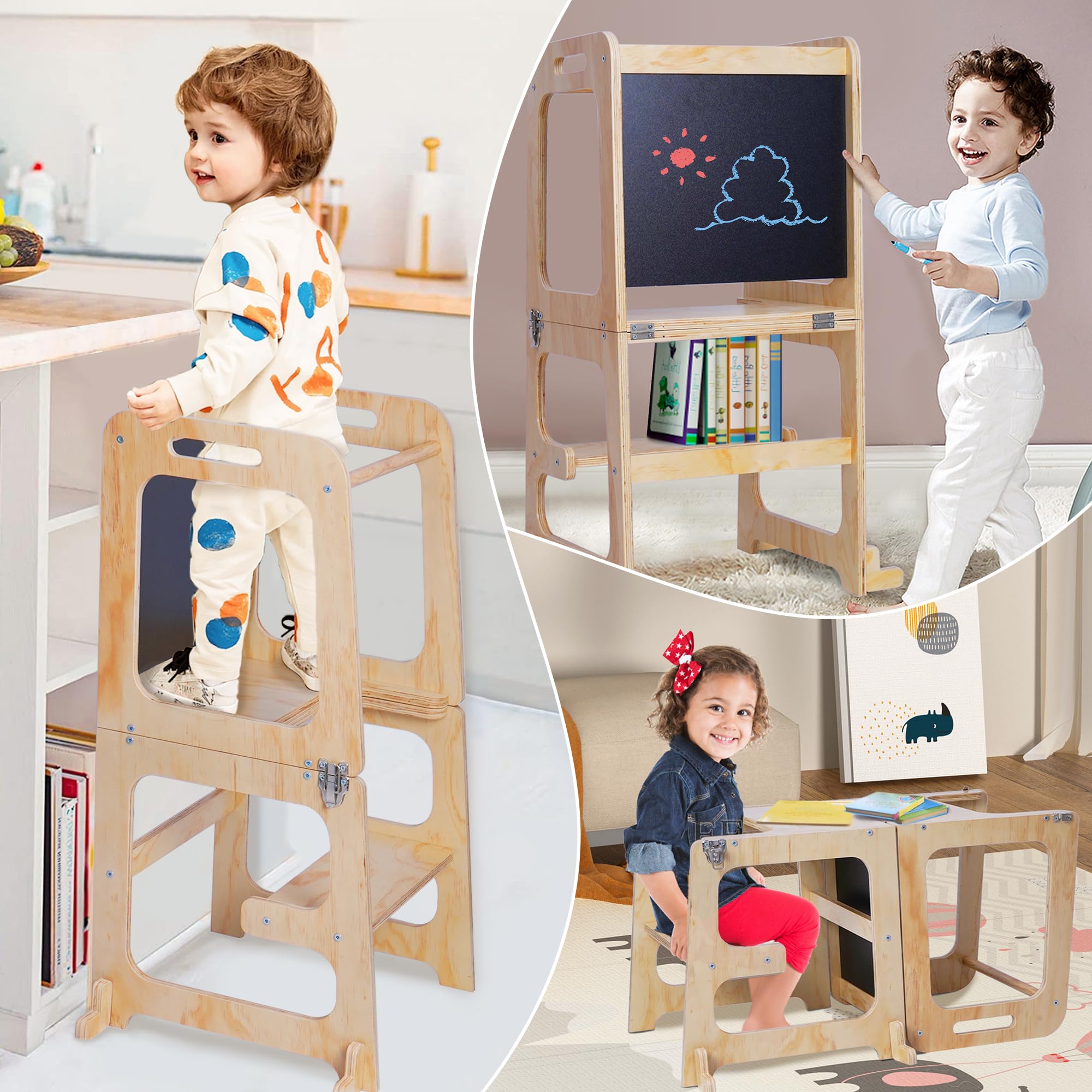 lesolar 3-in-1 Toddler Standing Tower, Kids Kitchen Step Stool Helper, Montessori Assistant Tower Suitable for Toddlers and Children from 1-6 Years Old Kitchen Blackboard Tower with Safety Rail