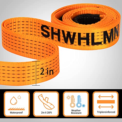 Recovery Tow Strap 2" X 20' LB Tested 20,024lb (10 US Tons ) Break Strength, Use for Emergency 4x4 Towing Rope Heavy Duty, Tree Saver, Winch Extension, Triple Reinforced Loops, Ensure Safety - SHWHLMN