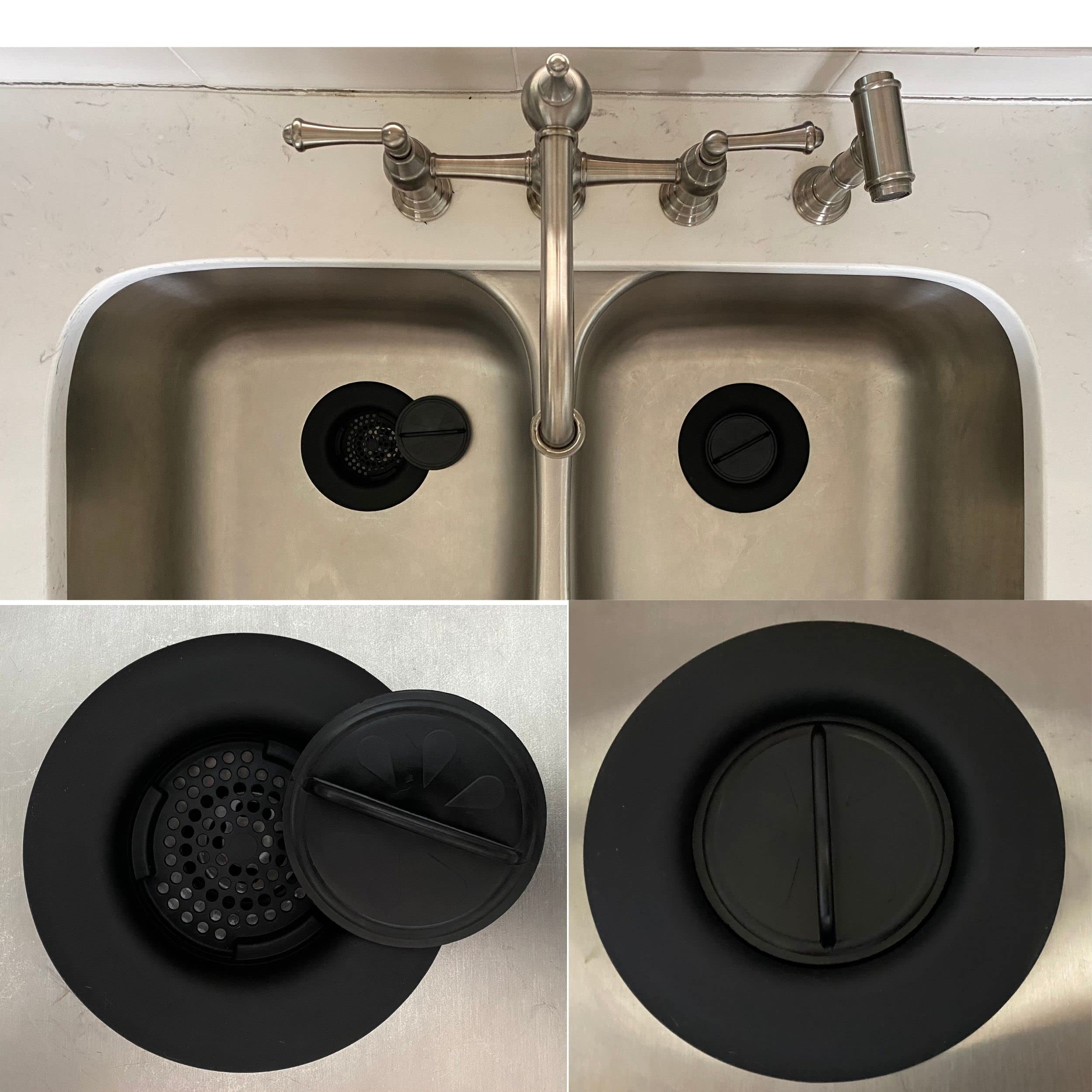 Flex Strainer Kitchen Sink Strainer with Drain Stopper Plug, 2N1, Basket Replacement for 3-1/2β drains, 5-1/4β Diameter, USA Made Black Single