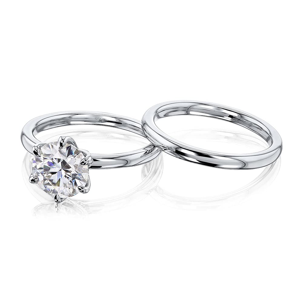 Dazlura Moissanite Round Cut Colorless Wedding Bridal Set 925 Sterling Silver 8.5MM Engagement Solitaire Ring with Band (6.5)