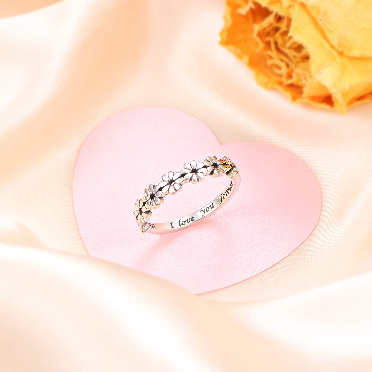 DAOCHONG 925 Sterling Silver Ring Daisy Flower Hawaiian I Love You Forever Tarnish Resistant Comfort Fit Wedding Band Ring 10