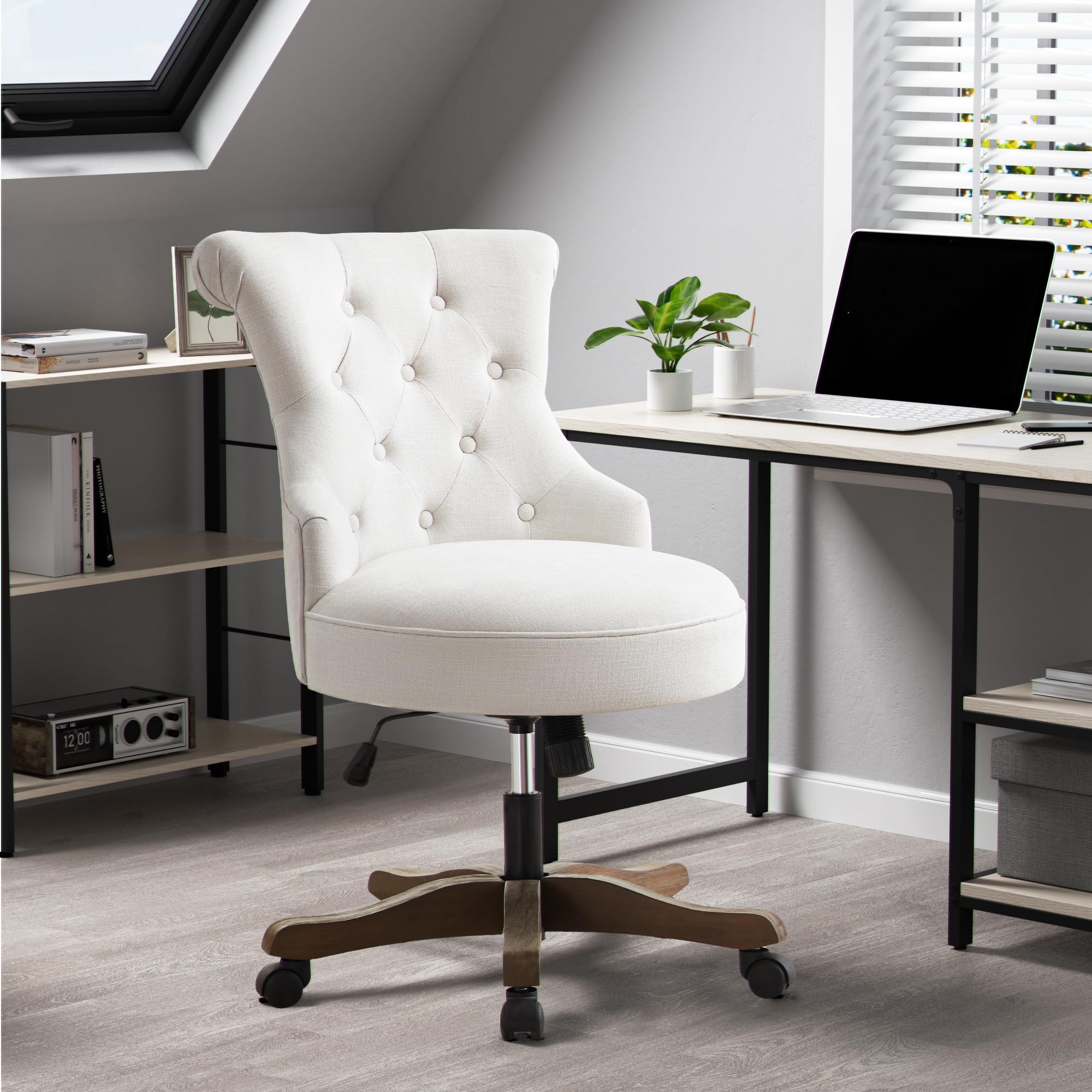 HUIMO Home Office Chair Upholstered Armless Desk Chair with Wheels Adjustable Height Computer Desk Chair with Wooden Legs Comfortable Swivel Chair for Home Office Study Studio (Pink)