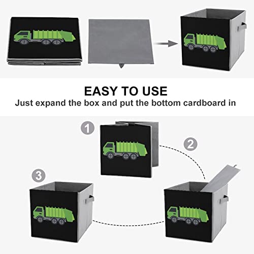 Green Garbage Truck Foldable Storage Bins Printd Fabric Cube Baskets Boxes with Handles for Clothes Toys, 11x11x11