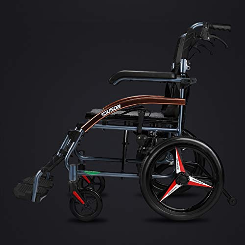 Magnesium Alloy Wheelchair 22lbs Lightweight Portable Travelling Transport Chair with HandBrakes, 16 inch Wheels