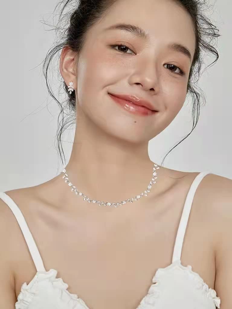 Enrwin Austrian Crystal Rhinestone Choker Necklace Dangle Earring Link Bracelet Jewelry Set for Brides Bridesmaid Prom Costume Accessories for Women (White-Platinum Plated)