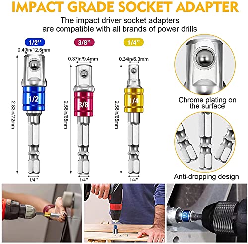 Flexible Drill Bit Extension Set, 105° Right Angle Drill Attachment, 1/4 3/8 1/2In Hex Shank Impact Driver Socket Adapter Rotatable Socket, Bendable Drill Bit Extension Screwdriver Bit