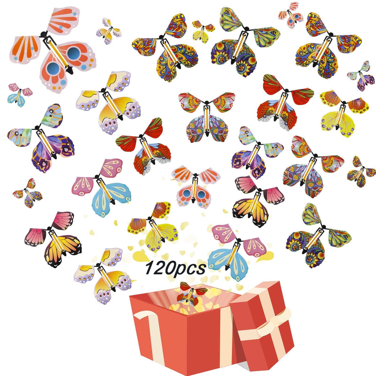 Chenkaiyang 120pcs Flying Butterfly Toy, Bright Colors Butterfly Card Wind Up Butterfly Toys Magic Flying Butterfly Surprise Gift, 15 Style
