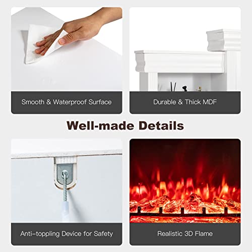 Tangkula 70" Mantel Fireplace TV Stand, 750W/1500W Electric Fireplace Heater Insert Cabinet w/Remote Control, 1-8H Timer, 5-Brightness & 3-Color Flame, Media Console Center w/Open Shelves (White)
