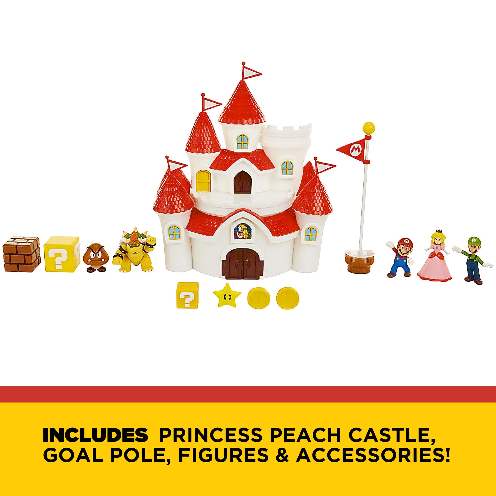 Super Mario Nintendo Deluxe Mushroom Kingdom Castle, Wall Display & Playset with (5) 2.5" Articulated Action Figures (Exclusive Bowser Figure, Princess Peach, Mario, Luigi & Goomba)