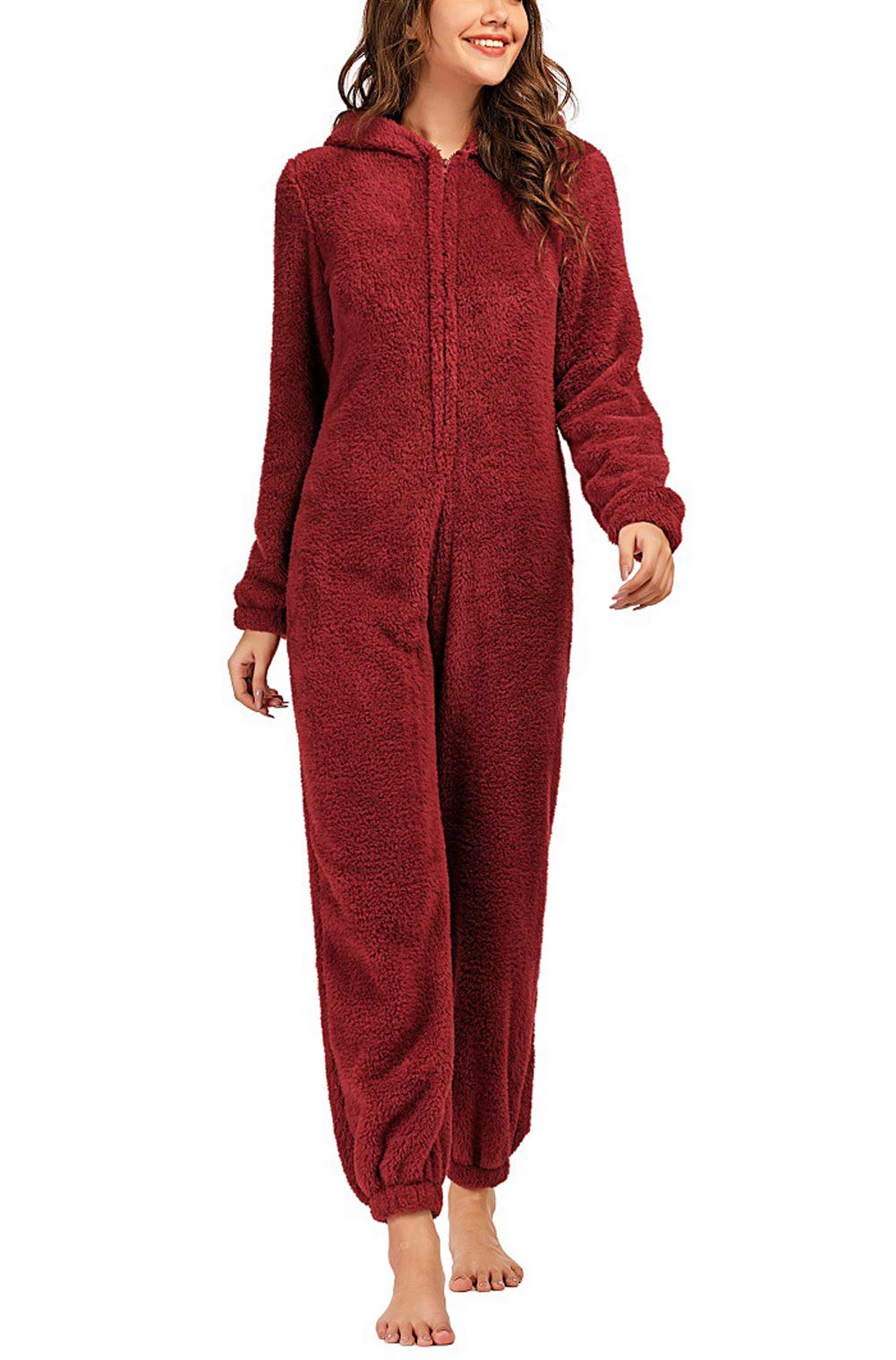 chouyatou Women's Ultra Comfy Lounge Furry Sherpa Romper Onesie Pajamas Cute Ear Hood (Medium, Red)