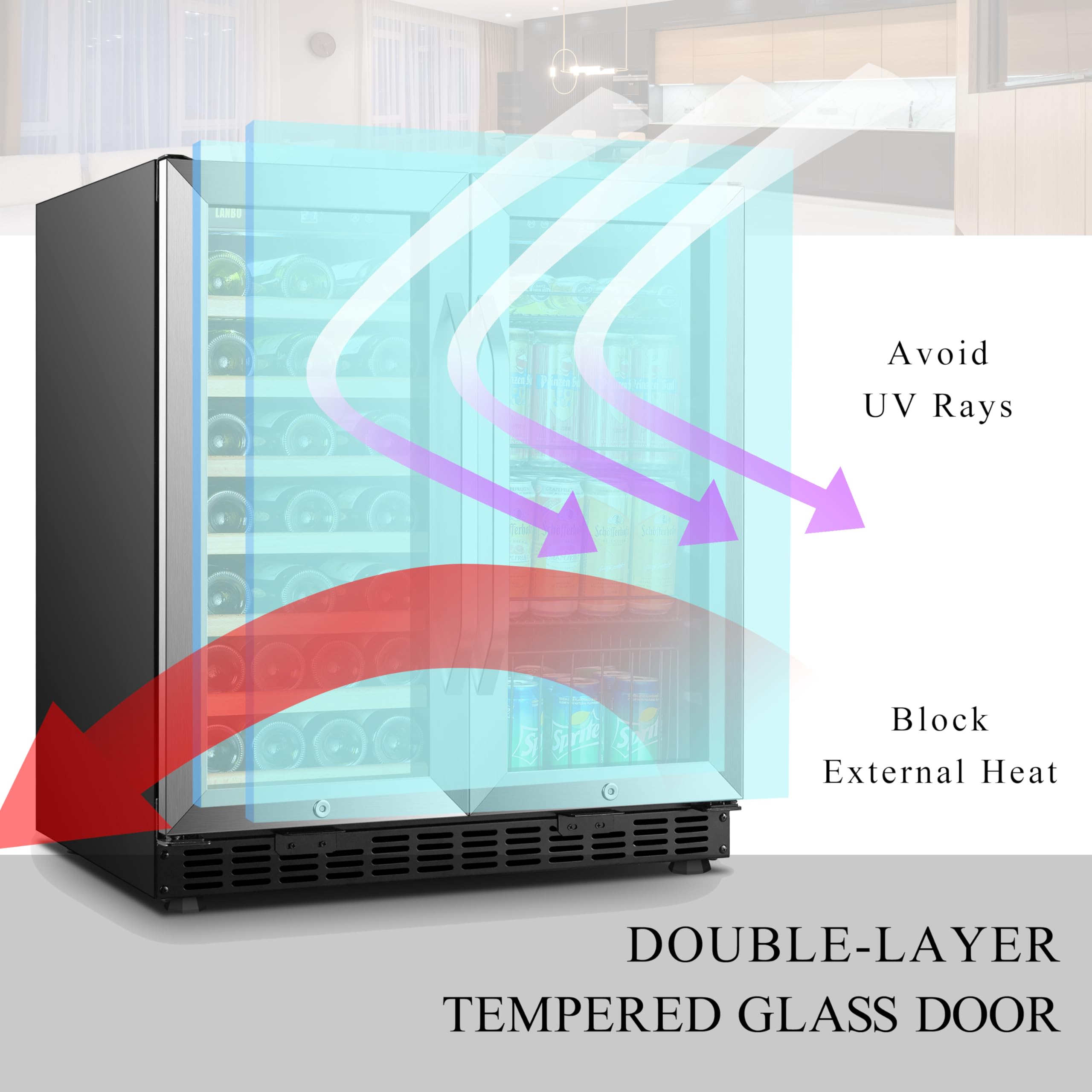 Lanbo Wine Cooler Refrigerator, 30 Inch 33 Bottle and 70 Can Under Counter Beverage Fridge with Stainless Steel Glass Door, Safety Lock and Digital Memory Touch Control