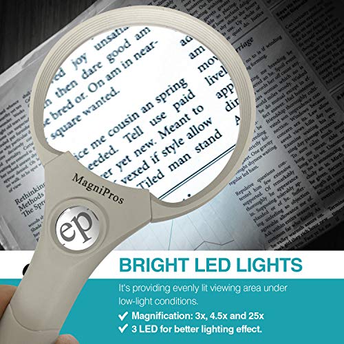 MagniPros 3 Ultra Bright LED Lights 3X 4.5X 25X Power Handheld Reading Magnifying Glass with Light- Ideal for Reading Small Prints, Map, Coins, Inspection and Jewelry Loupeā¦