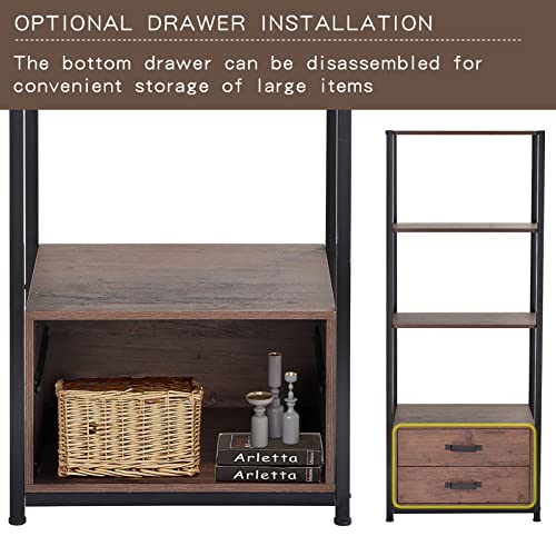 Industrial Wood Bookcase with Two Drawers, Book Storage Rack with Open Display Shelves 4-Tier Open Etagere Bookcase with Adjustable Foot Pads for Living Room, Bedroom, Office, Brown