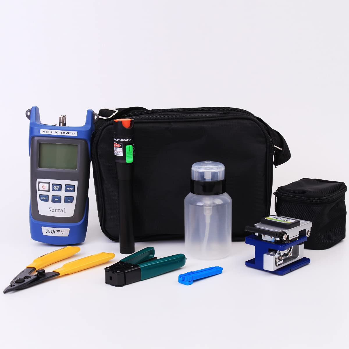 Fiber Optic Termination Tool Kit - 9 in 1 Assembly FTTH tool kit with FC-6S Cleaver Optical Power Meter Finder - 30km Visual Fault Locator Optical Pliers Cable Cutter Stripper