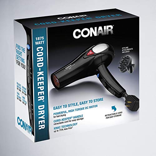 Conair 1875 Watt Cord Keeper Hair Dryer, Black - Amazon Exclusive
