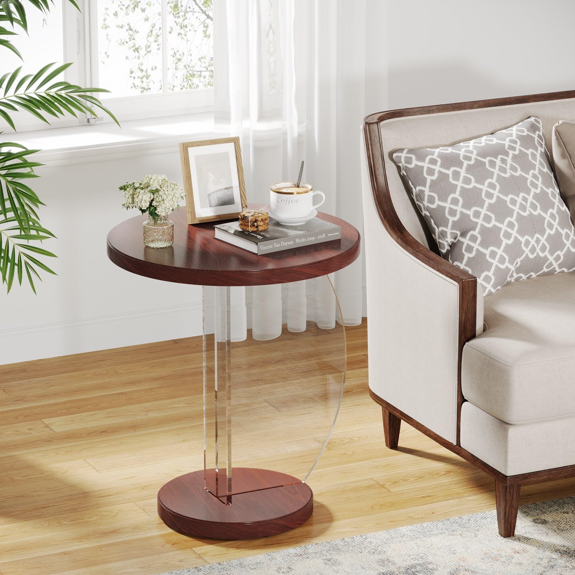 Cherry Finish Round End Side Table with Acrylic Legs Living Room Accent Tables Brown Modern Contemporary Wood Includes Hardware