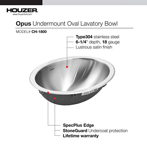 HOUZER CH-1800-1 Opus Undermount Oval Bowl Bathroom Sink, Without Overflow, 17.75" x 13.56", Stainless Steel