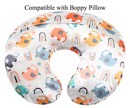 Satin Nursing Pillow Cover Set 2 Pack Ultra Soft Silk Compatible with Boppy Pillow Protect for Baby Hair and Skin Elephant & Rhino Lion