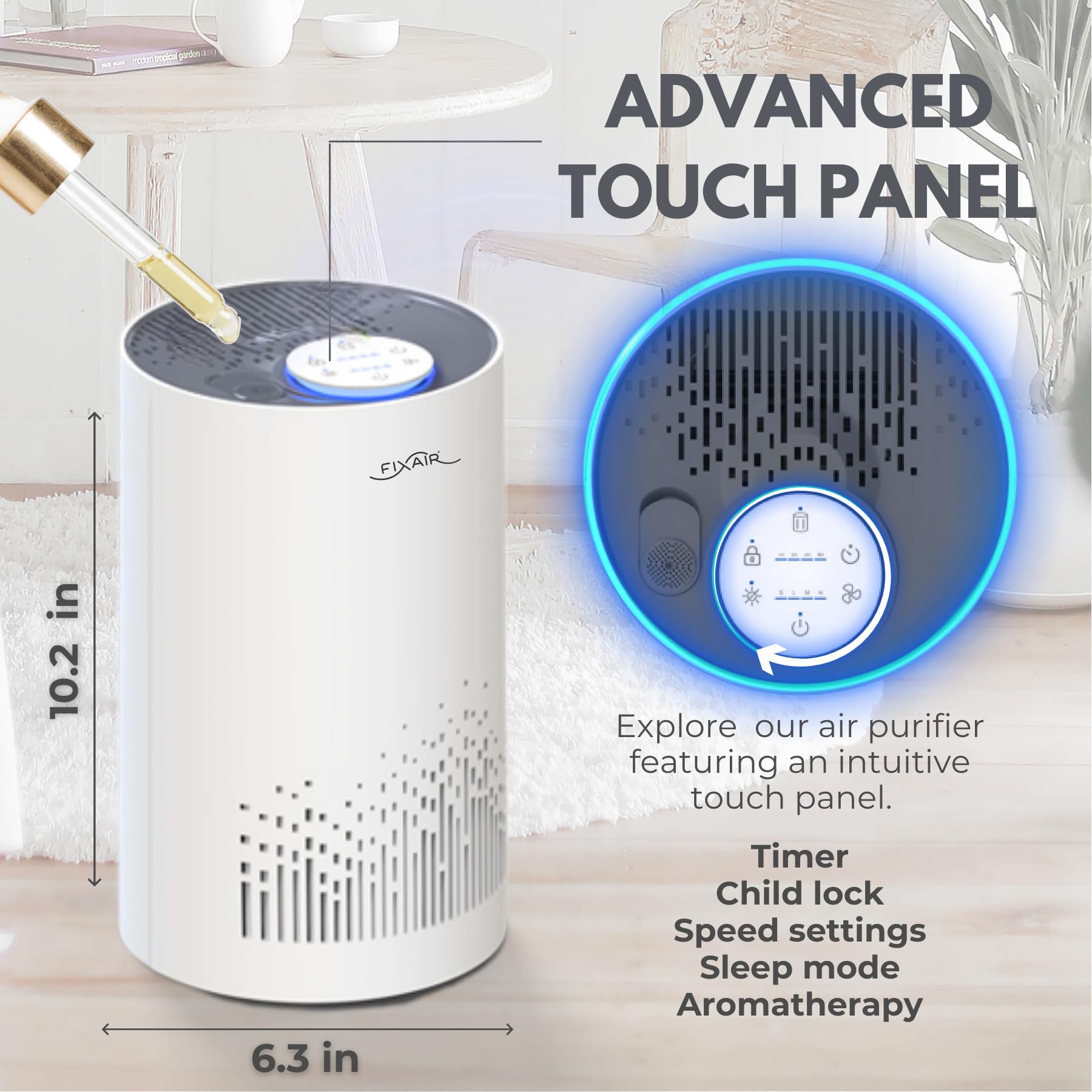FIXAIR portable air purifier for home H13 true HEPA, air cleaner for smoke, for large room, office, bedroom, pets, odors, pollen, dander, dorm room, with essential oil diffuser and sleep mode.