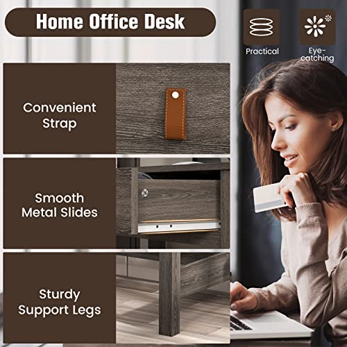 Tangkula Mid-Century Computer Desk with 2 Storage Drawers, Modern Home Office Desk with Storage Cubby, Study Writing Desk, Compact Laptop PC Desk Workstation, Wooden Vanity Desk for Bedroom (Grey)