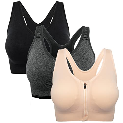 FLORATA Sports Bras for Women Zip Front Sports Bra Wireless Post-Surgery Bra Removable Cups Yoga Sport Bra