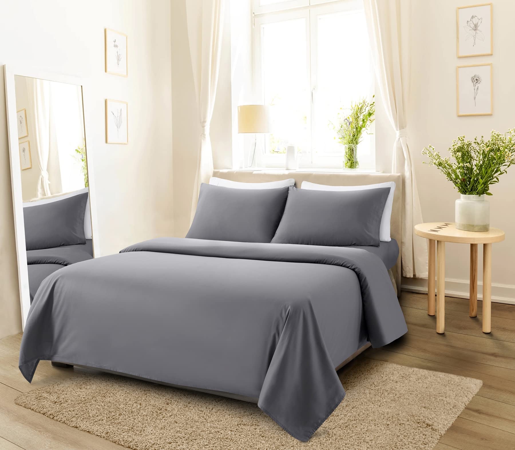 Entisn 4pcs 600 Thread Count 100% Cotton Sheets for Queen Size Bed, Grey Bedding Sheets & Pillowcases, Hotel Luxury Bed Sheet with Elasticized 16" Deep Pocket, Ultra-Soft & Silky Sateen Weave