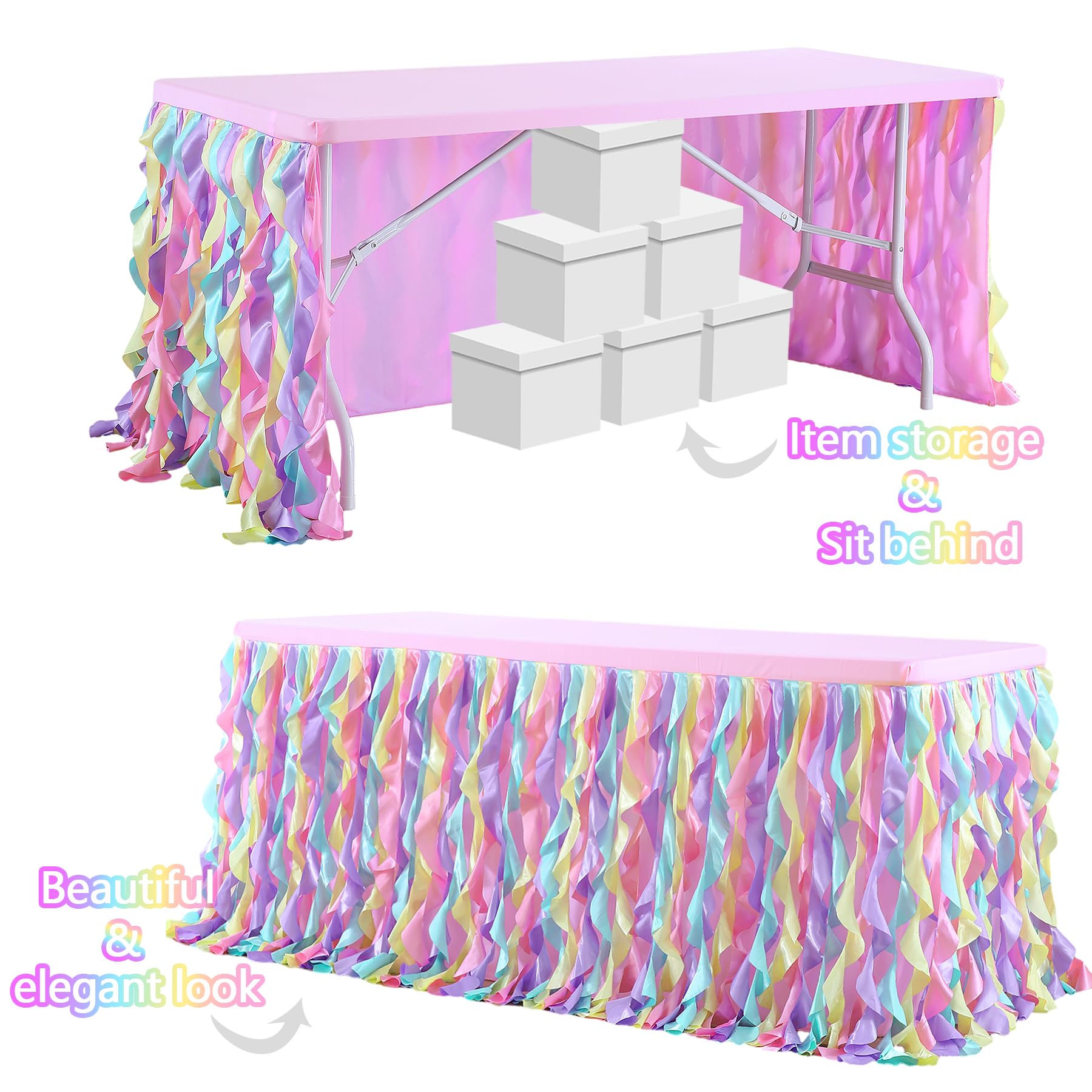 gogoparti Pastel Rainbow Tablecloth for 6 ft Rectangle Table Pastel Rainbow Ruffle Tulle Table Skirt for Unicorn Theme Birthday Party Decoration