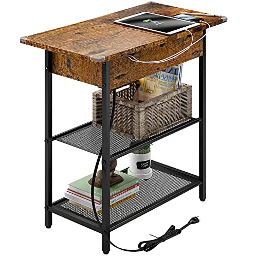 SAUCE ZHAN Sofa Side Table with USB Ports and Outlets, Narrow End Table with Storage Shelf for Small Spaces Bedside Nightstand with Charging Station for Living Room, Bedroom, Brown