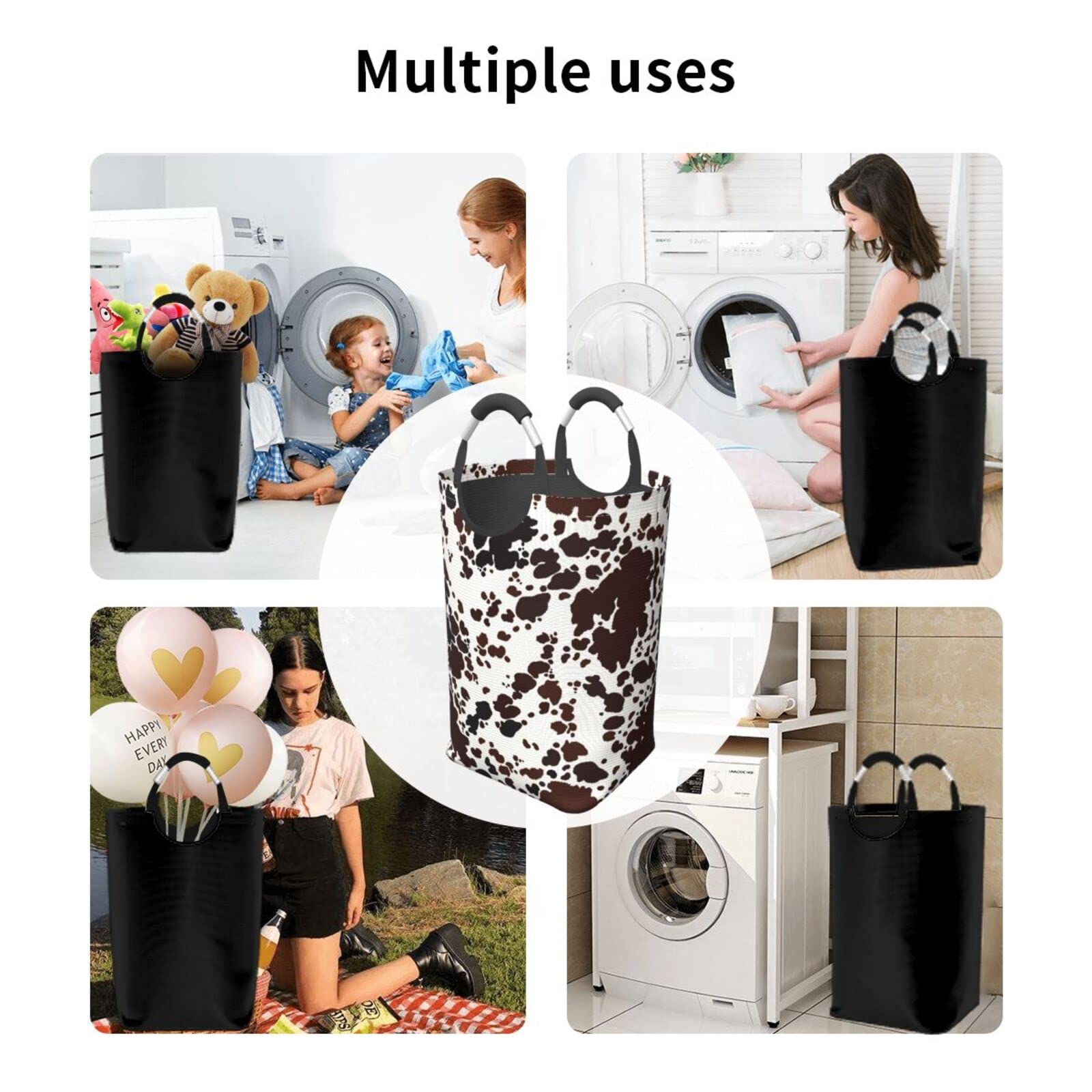 MIFSOIAVV Cowhide Brown Milk Cow Print Large Laundry Basket Collapsible Organizer Bin Animal Cowhide Skin Pattern Laundry Hamper with Handles Durable Washing Bin Dirty Basket for Nursery Clothes Toys