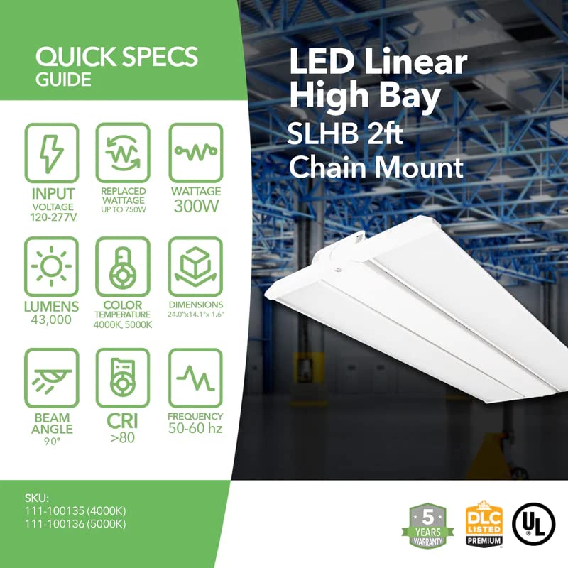 GREENLIGHTDEPOT LED Linear High Bay - 300W - SLHB - Frosted Lens - 2ft - 5000K - Chain Mount - (UL+DLC)