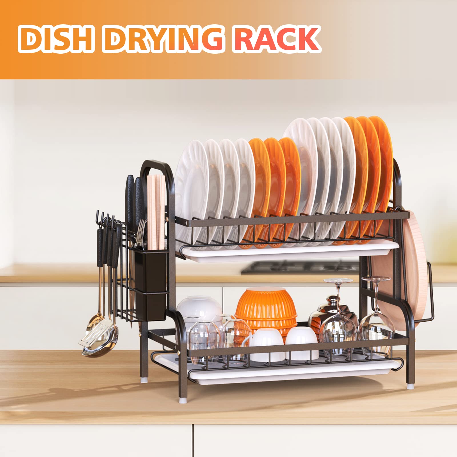 DUCHIFAD Dish Drying Rack, 2-Tier Dish Racks for Kitchen Counter, Sink Dish Drainer with Drainboard, Utensil Holder and Cutting Board Holder, Stainless Steel Kitchen Drying Rack-Black