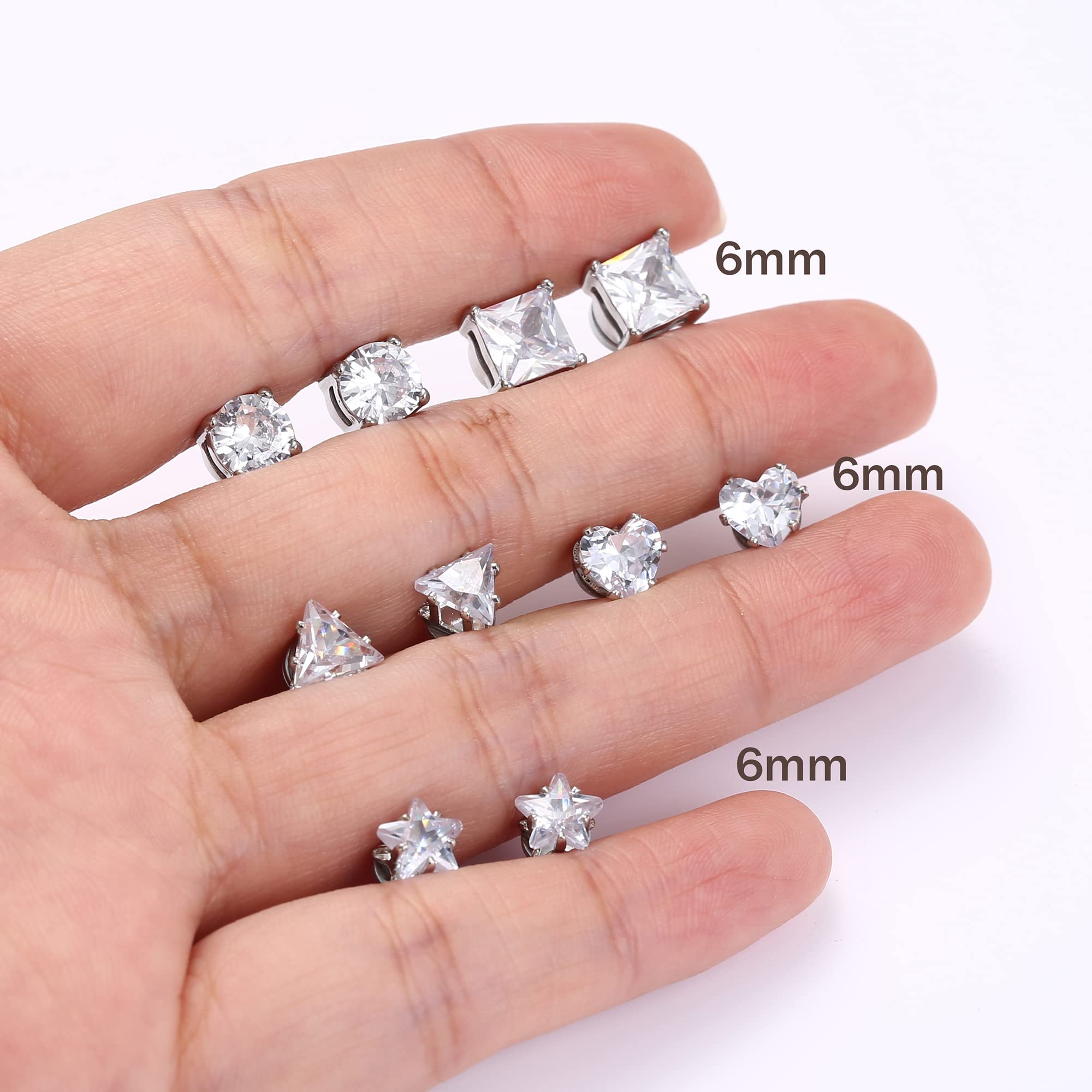 Florideco 5 Pairs Stainless Steel Magnetic Stud Earrings for Women Men Non Piercing CZ Hypoallergenic Earrings Clip On Stud Earrings Set 6MM