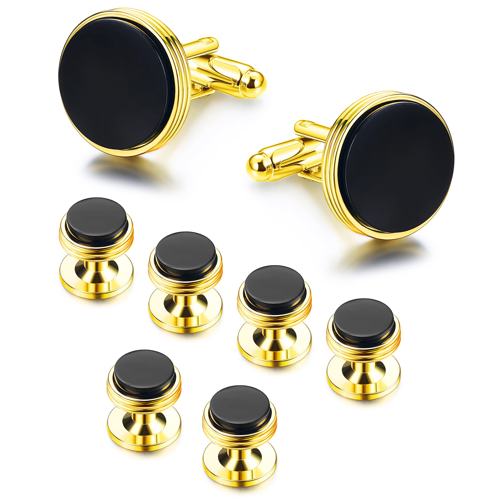 Florideco Mens Classic Cufflinks and Studs Set for Tuxedo Formal Kit Business or Wedding Shirts Gold
