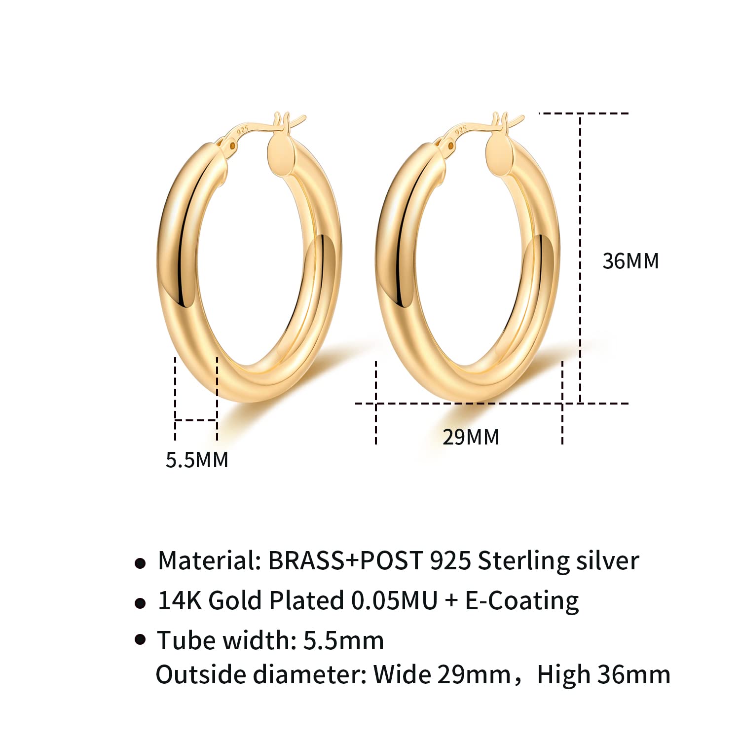 Devin Rose Oval Chunky Thick Hoops 14K Yellow Gold Plated Brass Hoop Earrings for Women 925 Sterling Silver Posts