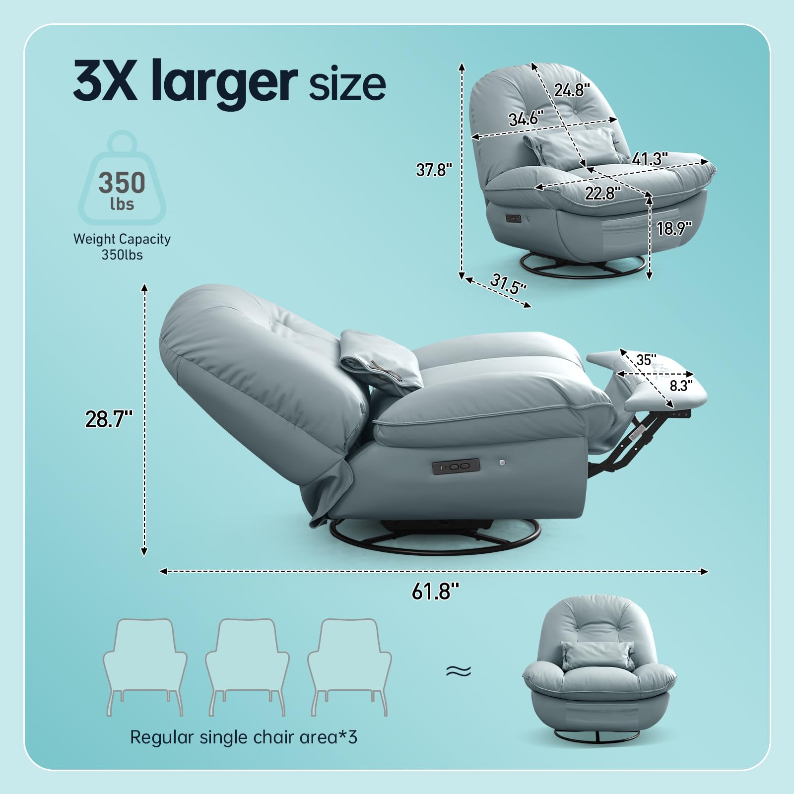 COOSLEEP Oversized Power Swivel Recliner Chair Rocker with 43.5'' Oversized Sitting Width and 270° Swivel,360° Surround Sound and Breathing Lighting,Comes with a 3-in-1 Pillow, 380 Lbs Capacity(Blue)