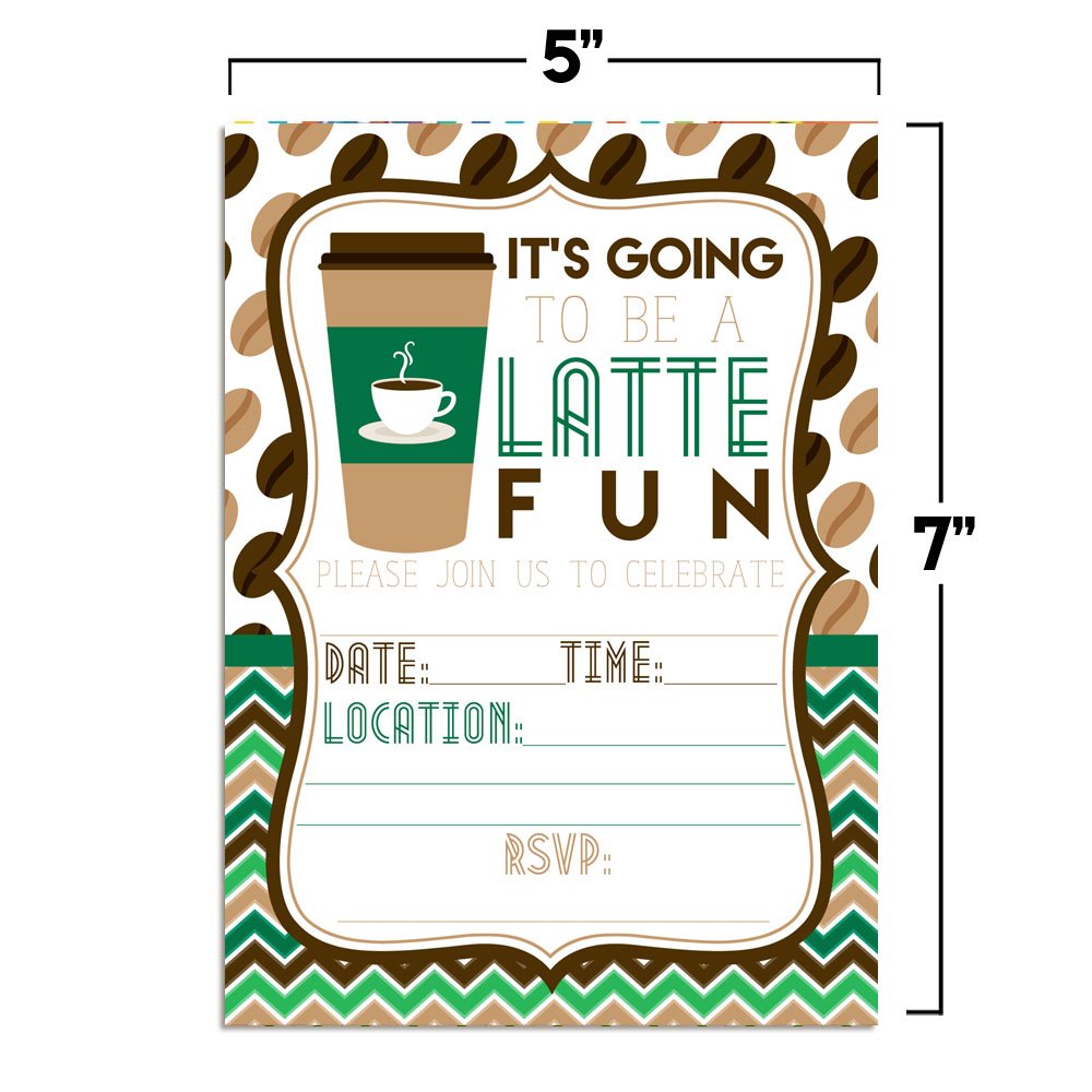 Latte Fun Green and Brown Coffee Birthday Party Invitations, 20 5x7 Fill In Cards with Twenty White Envelopes by AmandaCreation