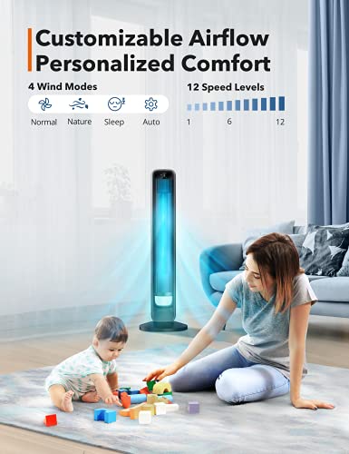Tower Fan, 42”90° Oscillating Fan, DC Motor with 28dB, 12 Speeds, 4 Modes, Night Light, 12H Timer, LED Display, Quiet Portable Bladeless Fan with Remote for Bedroom, Living Room & Office