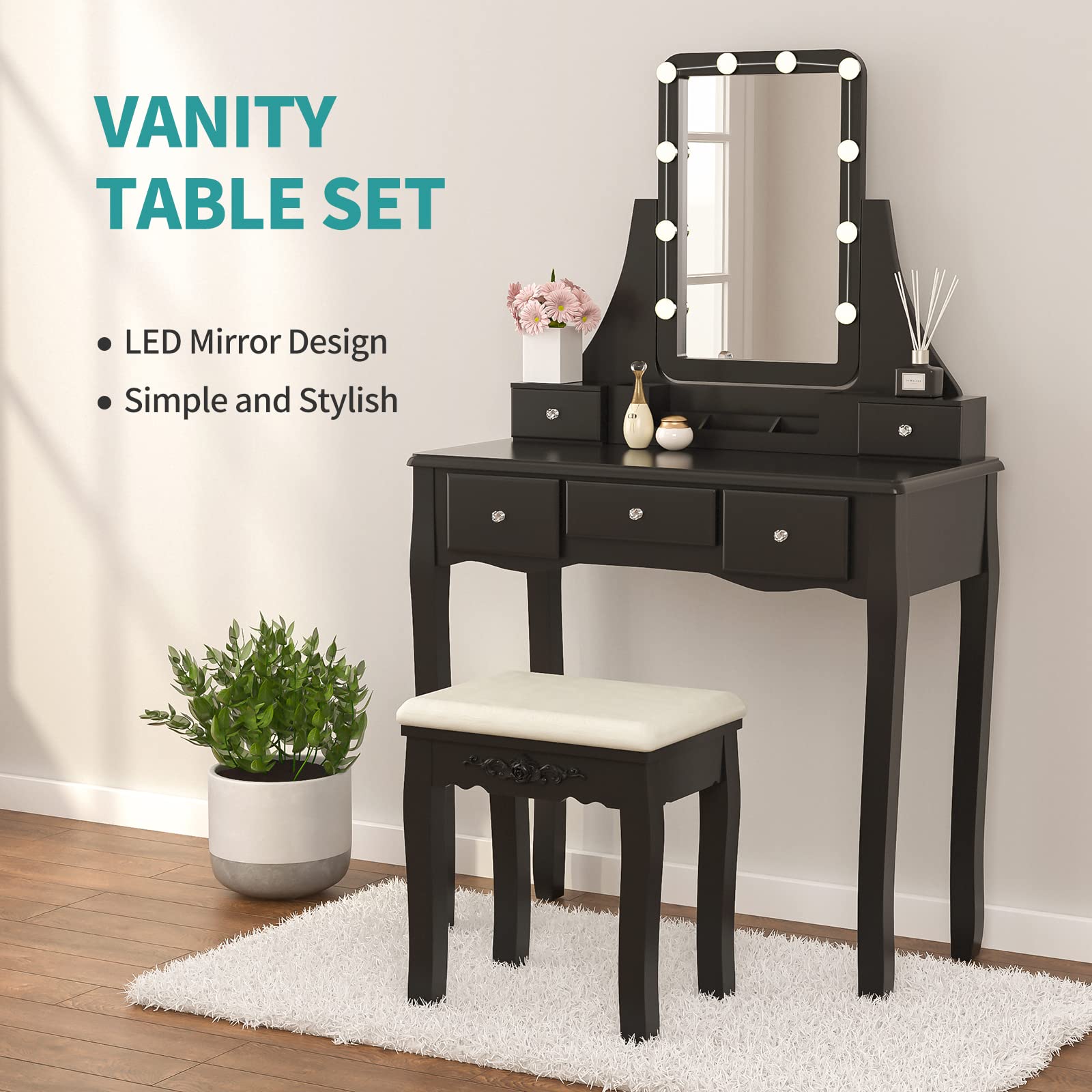 GinguoHome Dressing Table Vanity Set with Lighted Mirror, Makeup Vanity with Tri-Fold Mirror and 10 LED Dimmable Bulbs,Dressing Table with Cushioned Stool&4 Drawers, for Bedroom Vanity Desk Black