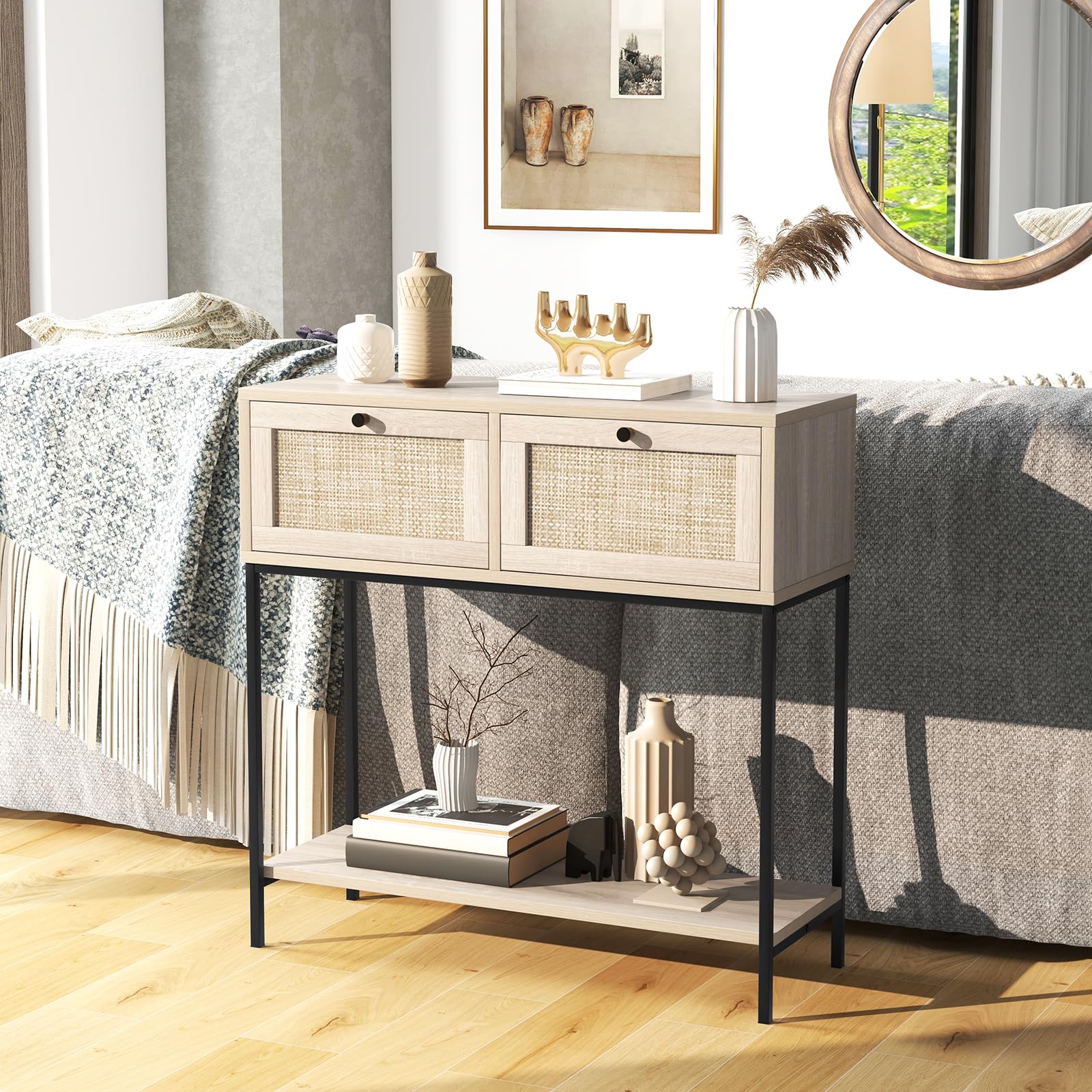 Giantex Console Table with Rattan Drawers - 31.5" Entryway Table w/ 2 Drawers & Open Storage Shelf, Metal Frame, Boho Style Long Sofa Side Table, Narrow Entry Table for Living Room Foyer Hallway